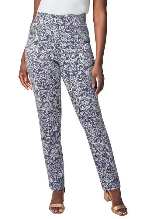 JESSICA LONDON Stretch Denim Straight-leg Jeans - Deep Dusk Scroll
