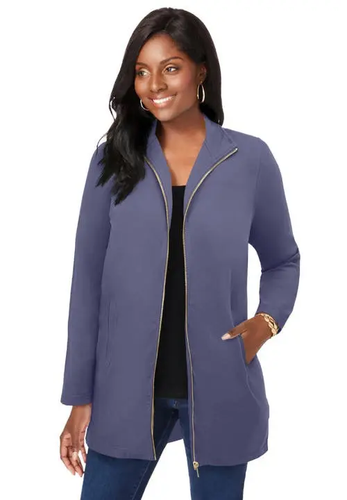 JESSICA LONDON Stretch Cotton Zip Front Hi-low Jacket - Deep Dusk