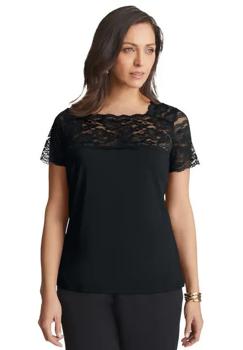 JESSICA LONDON Stretch Lace Neckline Top - Black
