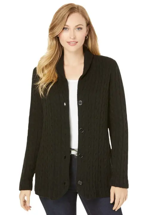 JESSICA LONDON Cable Knit Shawl Collar Blazer Sweater - Black