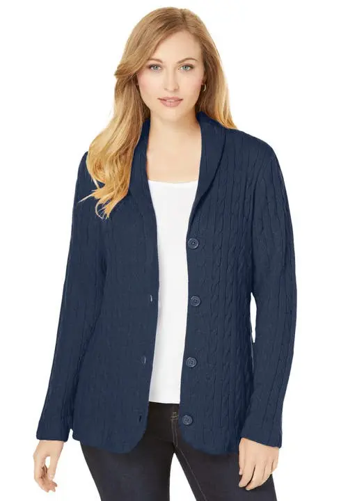JESSICA LONDON Cable Knit Shawl Collar Blazer Sweater - Navy