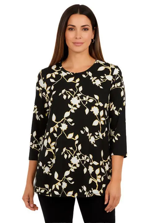 JESSICA LONDON Stretch Knit Swing Tunic - Black Citrus Stamp Flower