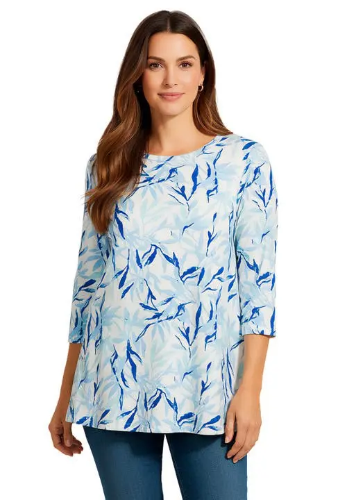JESSICA LONDON Stretch Knit Swing Tunic - Blue Watercolor Palms