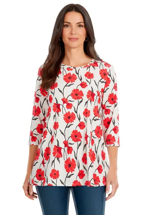 JESSICA LONDON Stretch Knit Swing Tunic - Red Happy Flowers