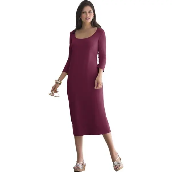 JESSICA LONDON Stretch Cotton T-shirt Dress With 3/4 Sleeves - Deep Claret