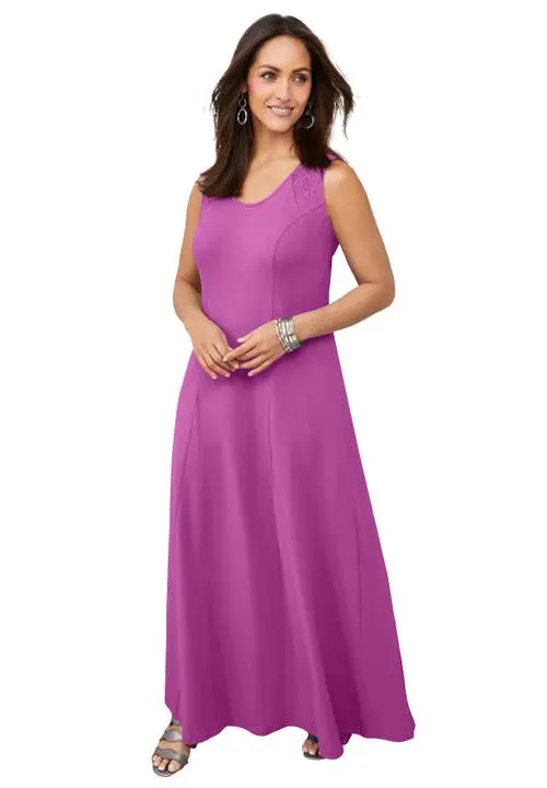JESSICA LONDON Stretch Cotton Crochet-back Maxi Dress - Deep Orchid