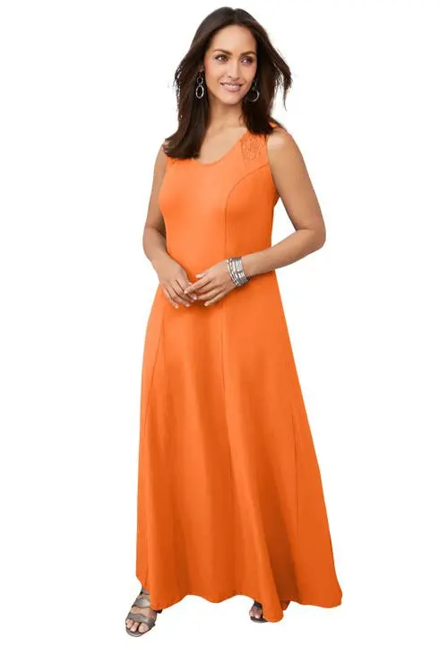 JESSICA LONDON Stretch Cotton Crochet-back Maxi Dress - Orange Twist