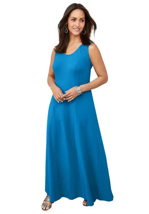 JESSICA LONDON Stretch Cotton Crochet-back Maxi Dress - Pool Blue