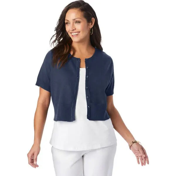 JESSICA LONDON Jewel Neck Button Front Cardigan - Navy