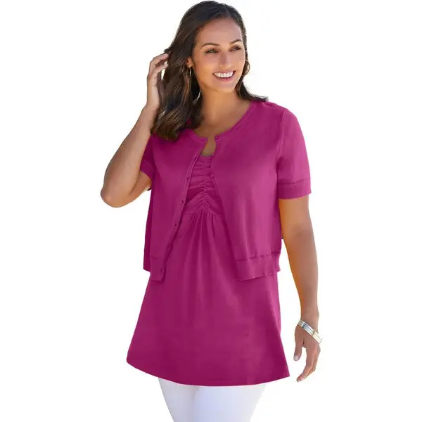 JESSICA LONDON Jewel Neck Button Front Cardigan - Raspberry