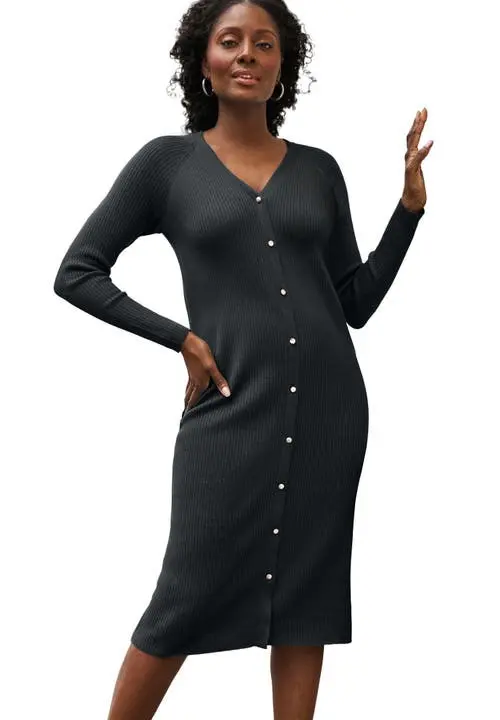 JESSICA LONDON Button Front V-neck Midi Dress - Black