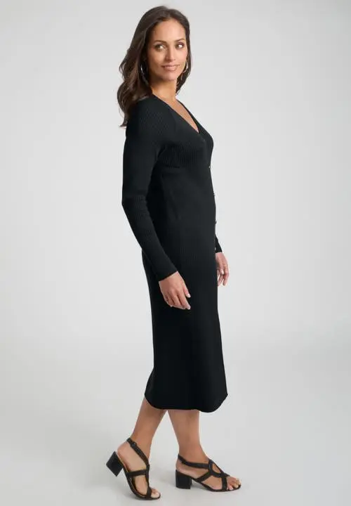 JESSICA LONDON Button Front V-neck Midi Dress - Black