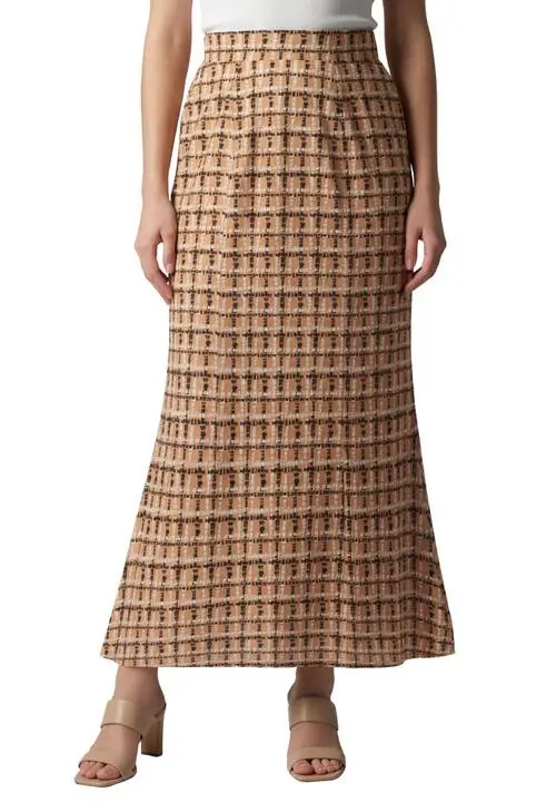 JESSICA LONDON Stretch Knit Maxi Skirt - Soft Camel Abstract Grid