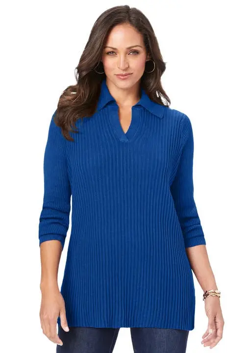 JESSICA LONDON Ribbed Collared Sweater - Dark Sapphire