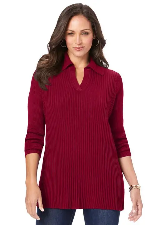JESSICA LONDON Ribbed Collared Sweater - Rich Burgundy