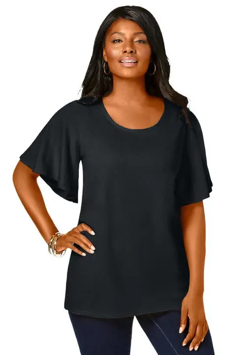 JESSICA LONDON Stretch Knit Flutter Sleeve Tunic - Black
