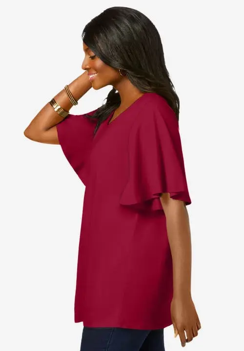 JESSICA LONDON Stretch Knit Flutter Sleeve Tunic - Grass