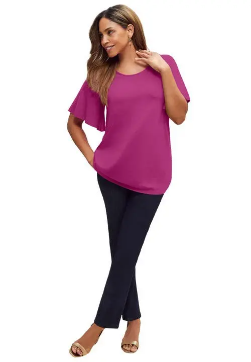 JESSICA LONDON Stretch Knit Flutter Sleeve Tunic - Raspberry