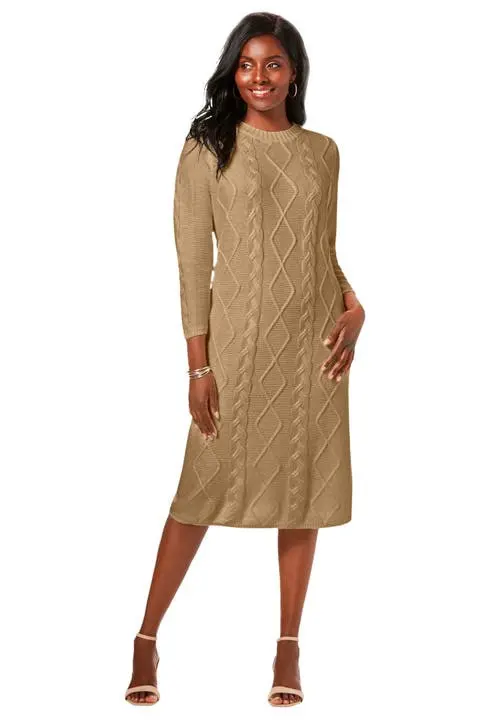 JESSICA LONDON Cable Knit Sweater Dress - Soft Camel
