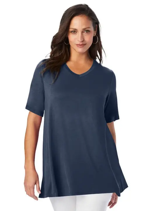 JESSICA LONDON Stretch Knit V-neck Swing Tunic - Navy