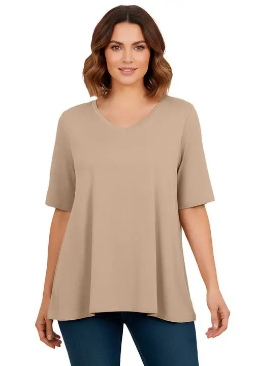 JESSICA LONDON Stretch Knit V-neck Swing Tunic - New Khaki