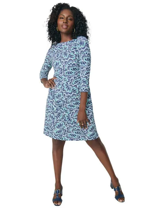 JESSICA LONDON Stretch Cotton Boatneck Shift Dress - Blue Ornate Scroll