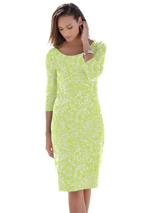 JESSICA LONDON Stretch Cotton Boatneck Shift Dress - Lime Scroll Medallion