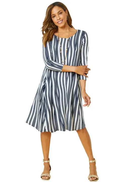 JESSICA LONDON Stretch Knit Three-quarter Sleeve T-shirt Dress - White Navy Stripe