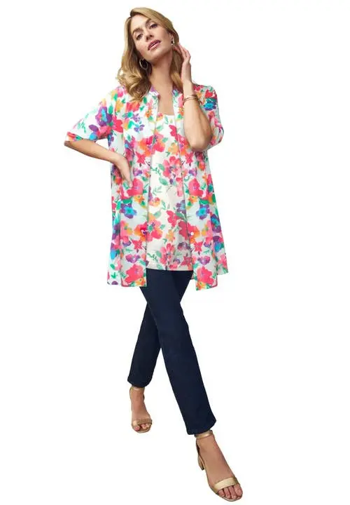 JESSICA LONDON Georgette Button Front Tunic - Multi Watercolor Floral