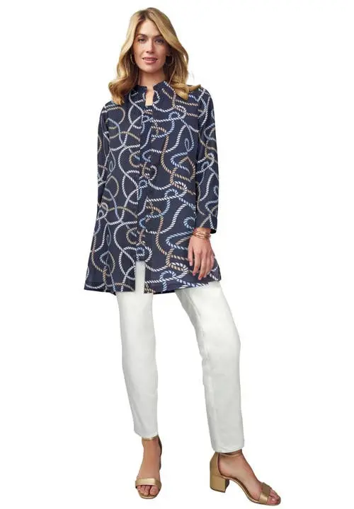 JESSICA LONDON Georgette Button-front Tunic - Navy Multi Rope