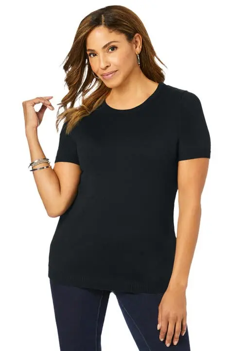 JESSICA LONDON Fine Gauge Crewneck Knit Shell - Black