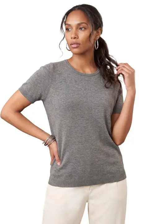 JESSICA LONDON Fine Gauge Crewneck Knit Shell - Medium Heather Grey