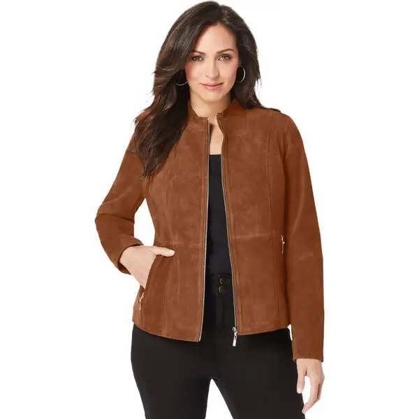 JESSICA LONDON Suede Zip-front Jacket - Cognac