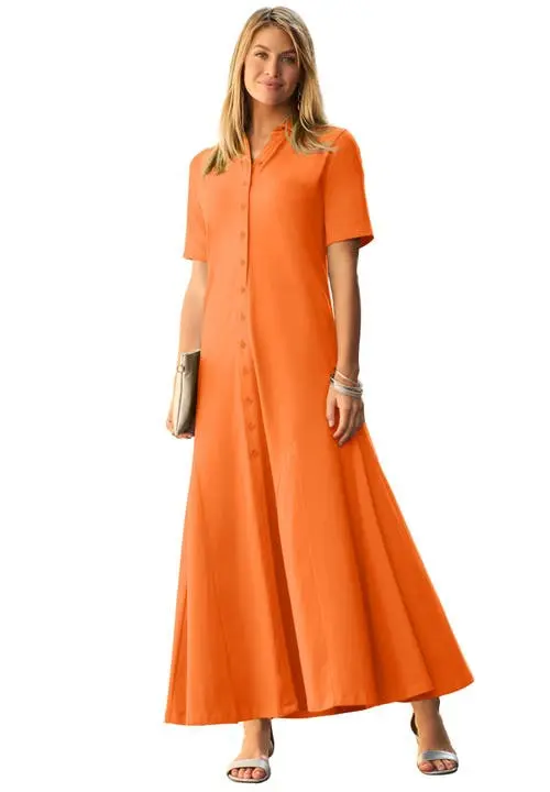 JESSICA LONDON Stretch Cotton Button Front Maxi Shirt Dress - Orange Twist