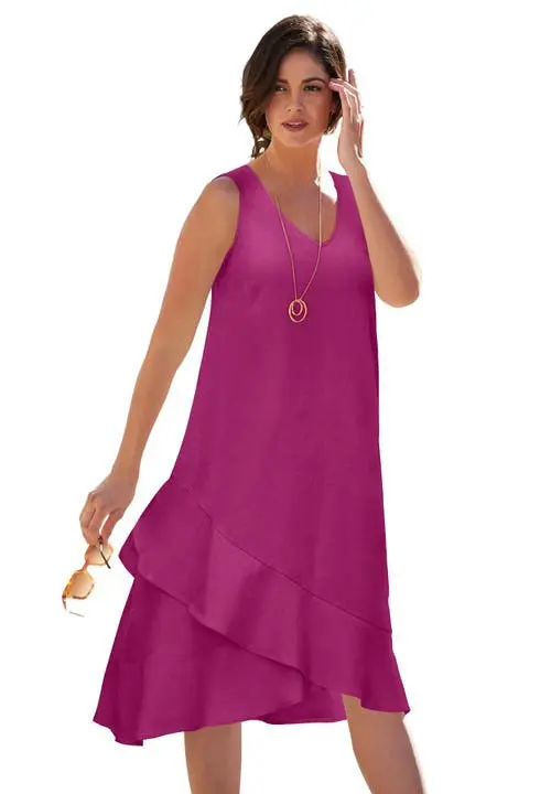 JESSICA LONDON Linen Flounce Dress - Raspberry