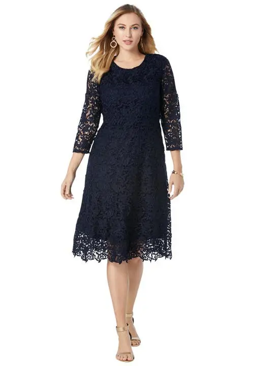JESSICA LONDON Lace Fit & Flare Dress - Navy
