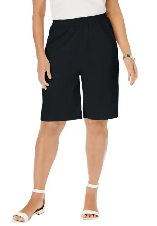 JESSICA LONDON Linen Blend Pull-on Shorts With Side Slits - Black