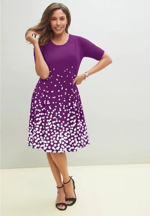 JESSICA LONDON Stretch Ponte Fit & Flare Dress - Purple Dot Border