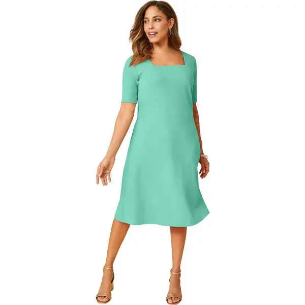 JESSICA LONDON Stretch Cotton Square Neck Midi Dress - Pale Seafoam