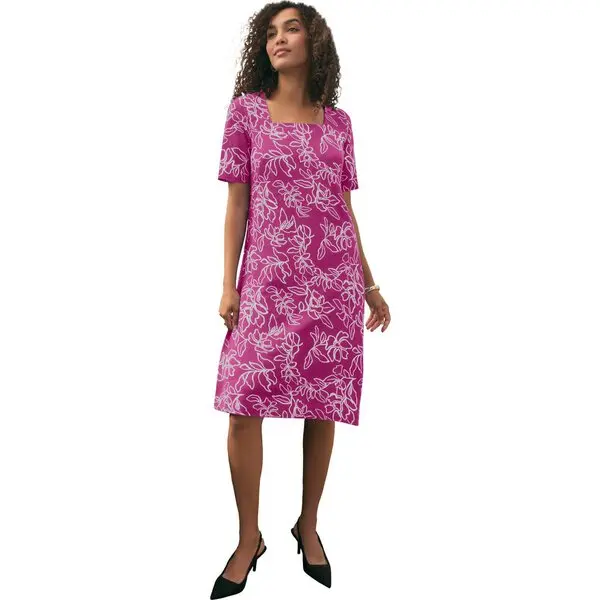 JESSICA LONDON Stretch Cotton Square Neck Midi Dress - Raspberry Floral