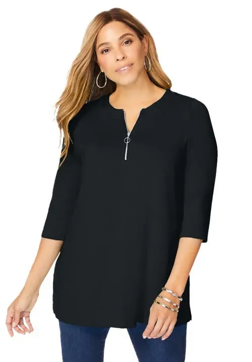 JESSICA LONDON Stretch Knit Zip Tunic - Black