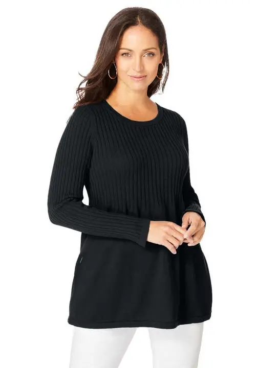 JESSICA LONDON Ribbed Baby Doll Tunic Sweater - Black
