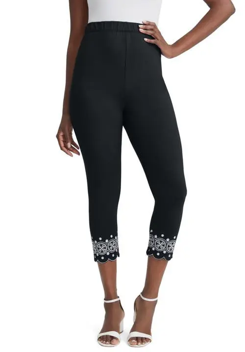 JESSICA LONDON Stretch Cotton Capri Leggings - Black Medallion Embroidery
