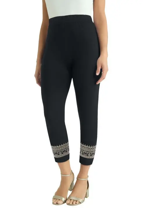 JESSICA LONDON Stretch Cotton Capri Leggings - Black Scroll Placement