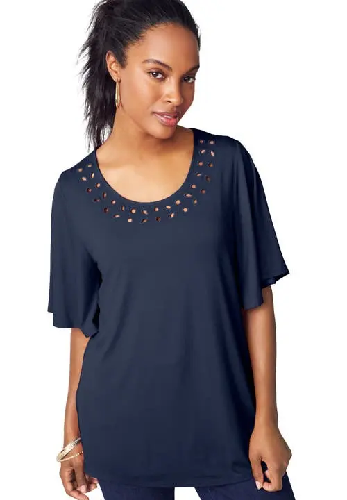 JESSICA LONDON Cutout Flutter Sleeve Tunic - Navy