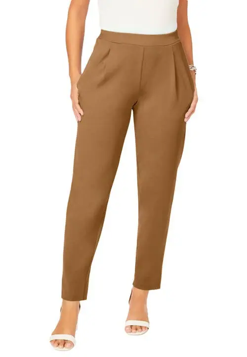 JESSICA LONDON Stretch Knit Crepe Straight Leg Trousers - Brown Maple