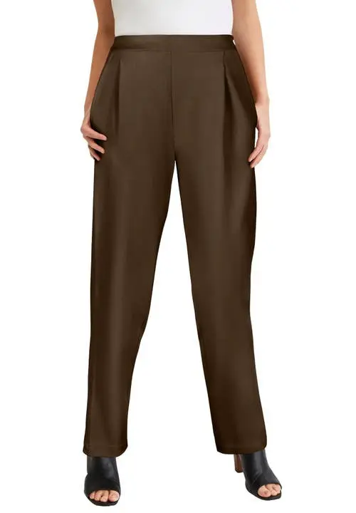 JESSICA LONDON Stretch Knit Crepe Straight Leg Pants - Chocolate
