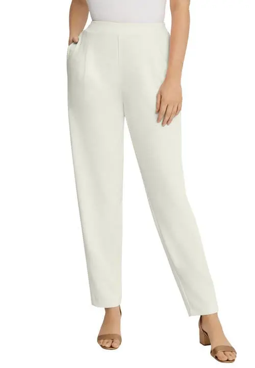 JESSICA LONDON Stretch Knit Crepe Straight Leg Pants - Ivory