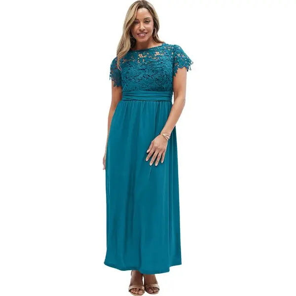 JESSICA LONDON Lace Maxi Dress With Illusion Neckline - Deep Teal