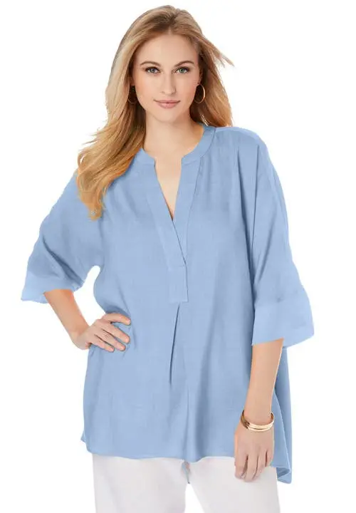 JESSICA LONDON Hi-low Linen Tunic - Azure Mist